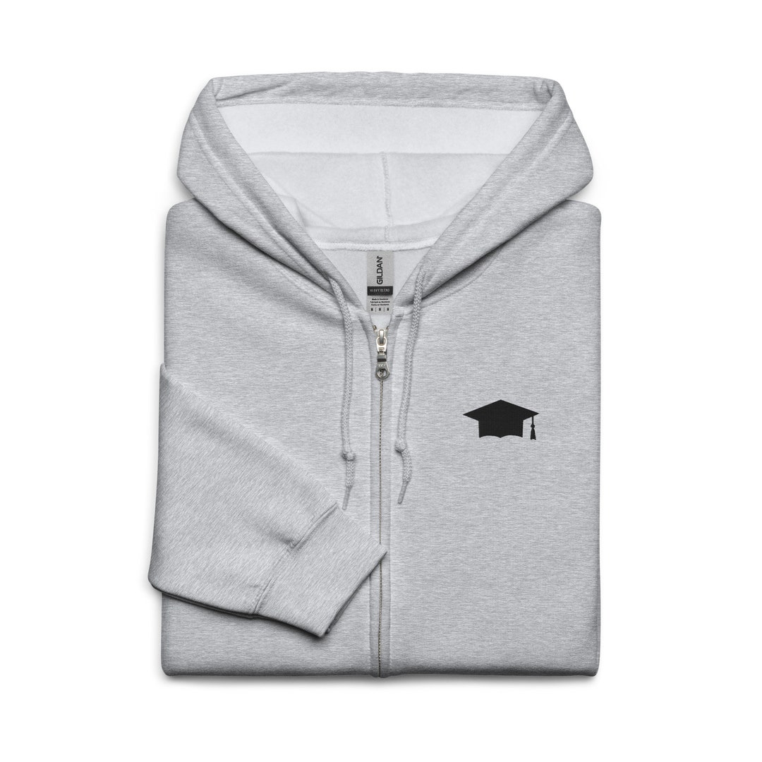 Graduation Cap Embroidered Zip Hoodie Gift, Unisex Handmade Long Sleeve ...