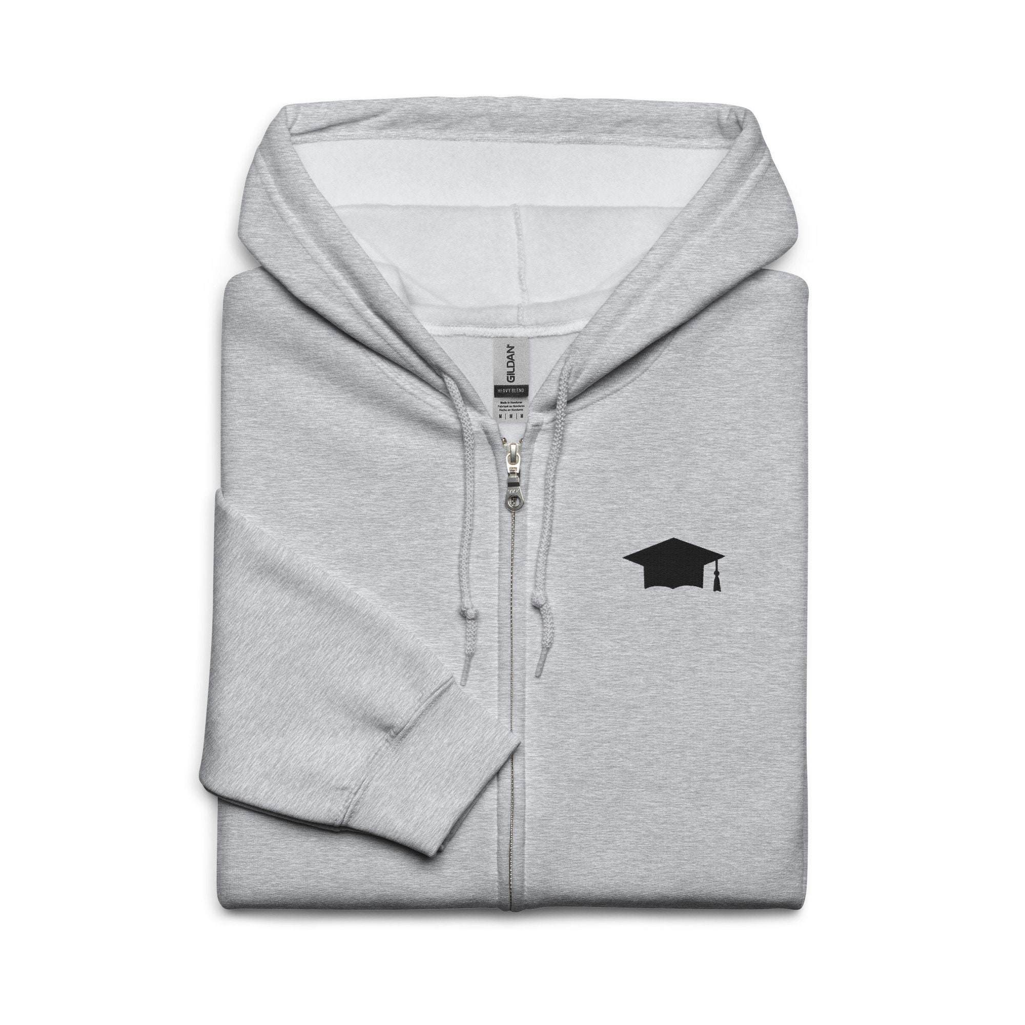 Graduation Cap Embroidered Zip Hoodie Gift, Unisex Handmade Long Sleeve ...