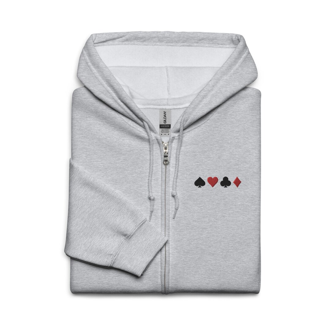 Playing Cards Symbols Embroidered Zip Hoodie Gift, Unisex Handmade Long ...