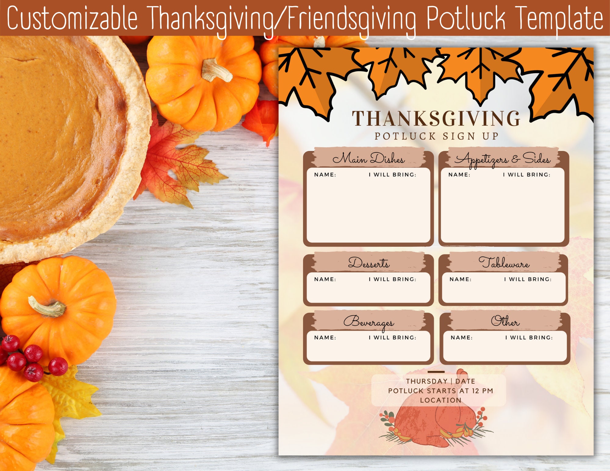 Fun Thanksgiving Potluck Sign-up Sheet Template - Etsy