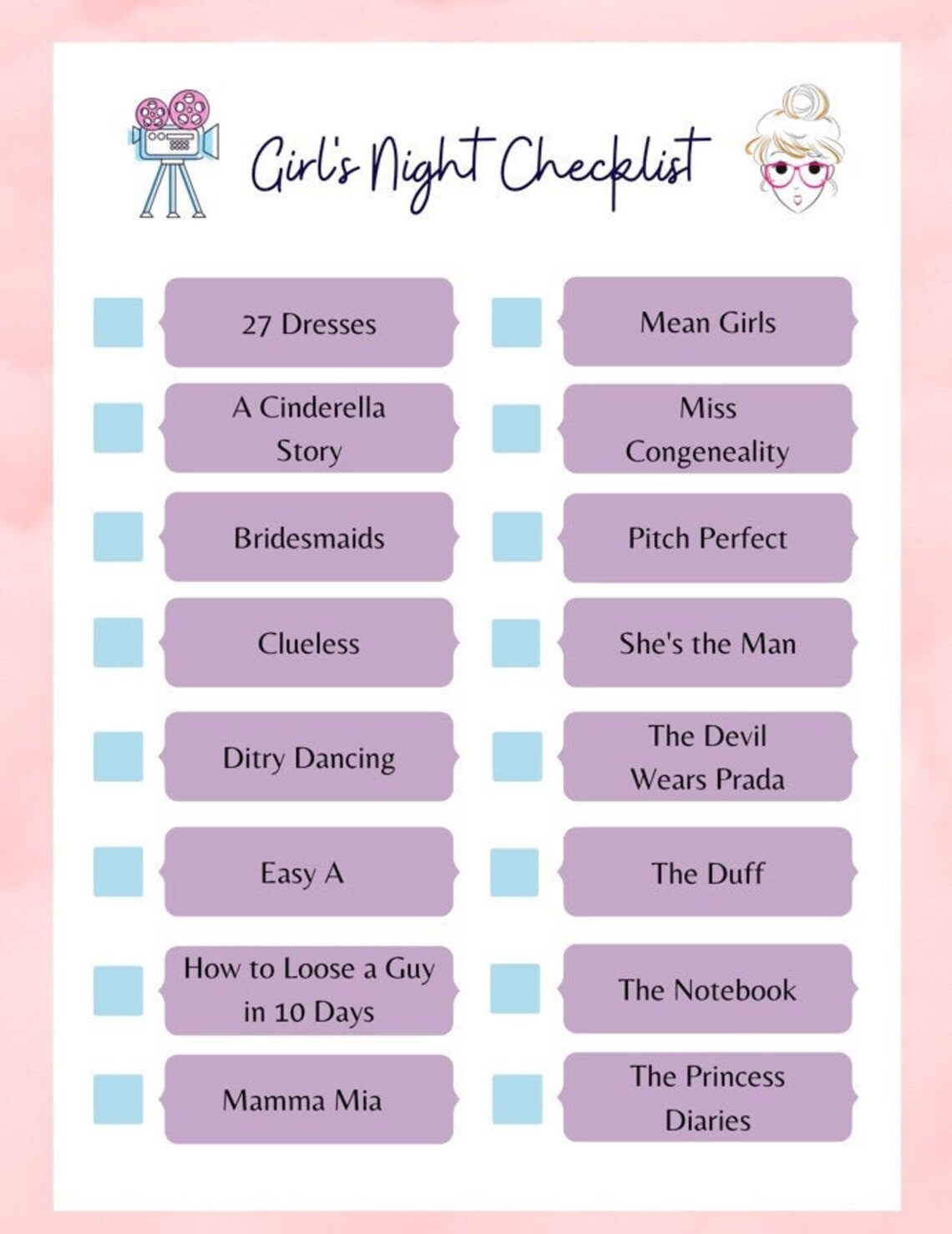 Girl's Night Movie Checklist-movie Checklist-girl's Night-chick Flick ...