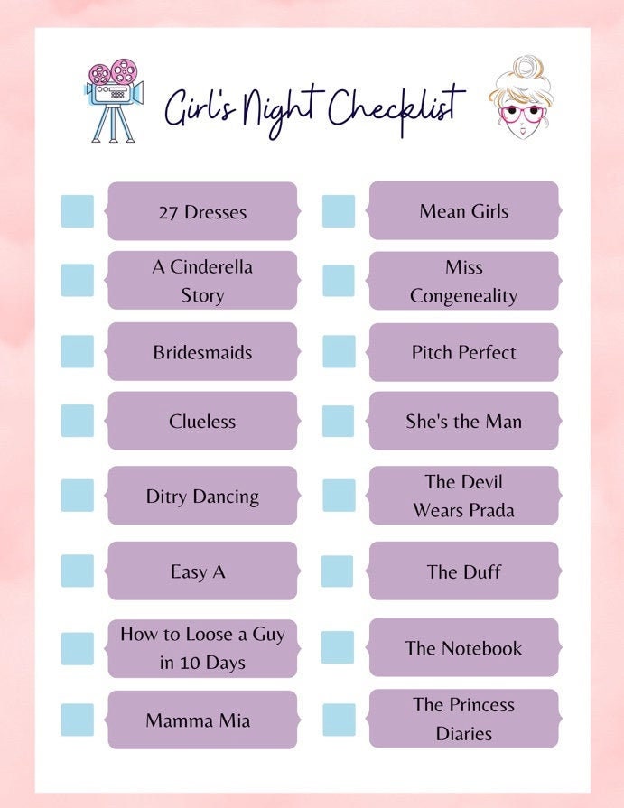 Girl's Night Movie Checklist-movie Checklist-girl's Night-chick Flick ...
