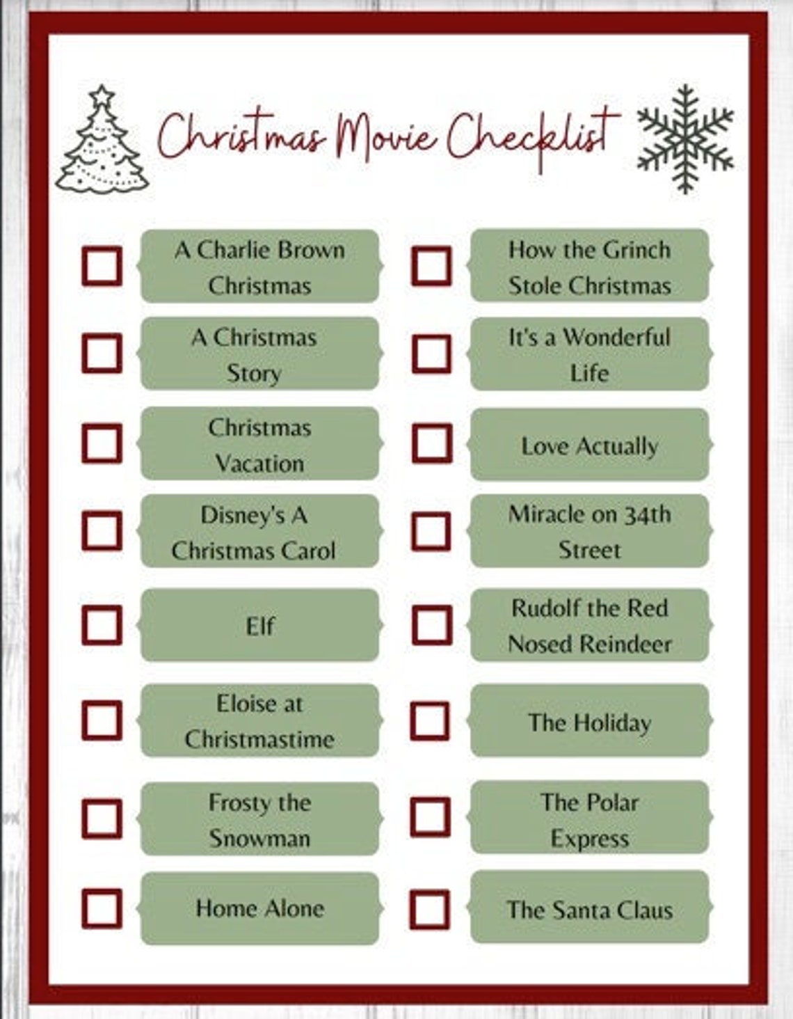 Christmas Movie Checklist-holiday Movie Checklist-family Movie Night ...