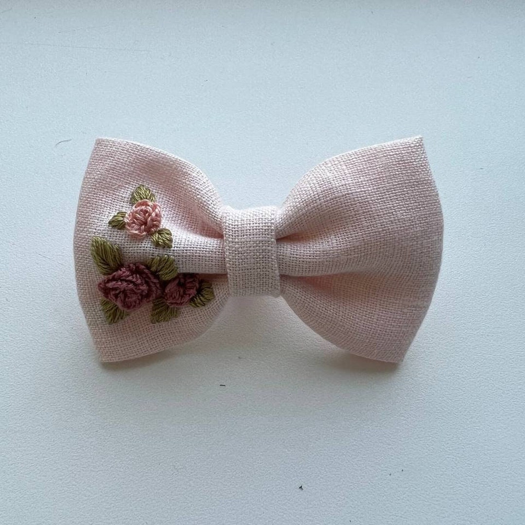 Baby Pink Floral Embroidered Hair Bow, Hair Accessories, Baby Girl Gift ...