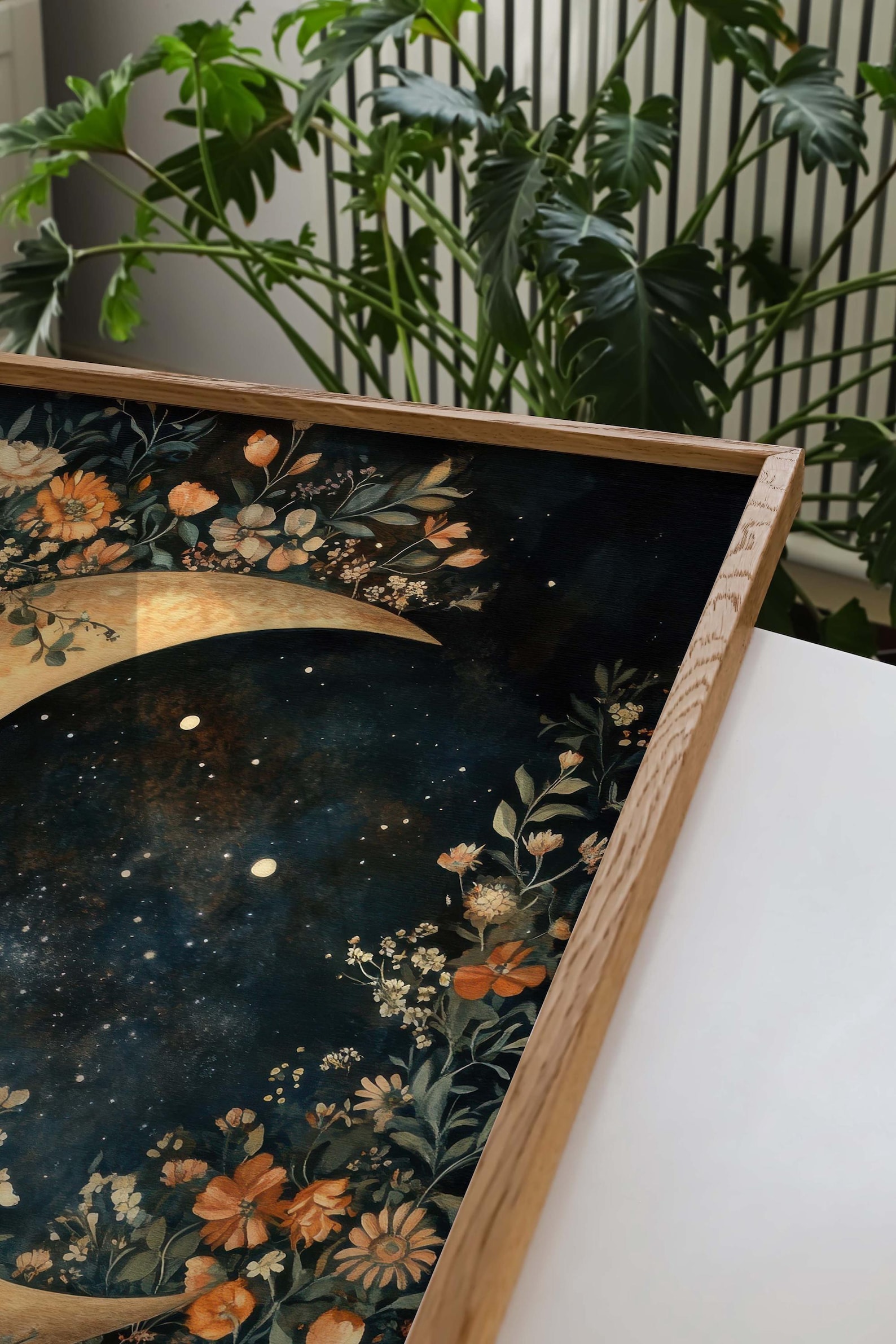 Floral Crescent Moon Dark Blue Cottagecore William Morris Print, Lunar ...