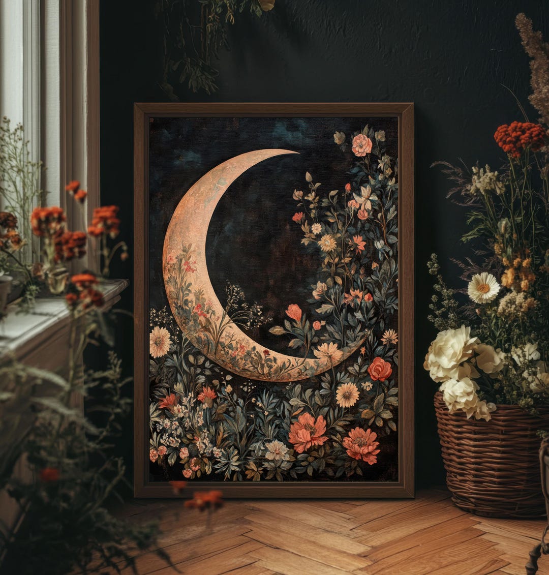 Floral Crescent Moon Dark Cottagecore William Morris Print, Lunar Wall ...