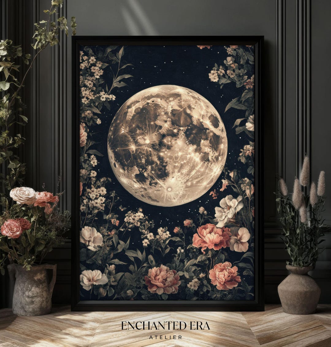 Floral Full Moon Dark Cottagecore Art Nouveau Print, Botanical Moon ...