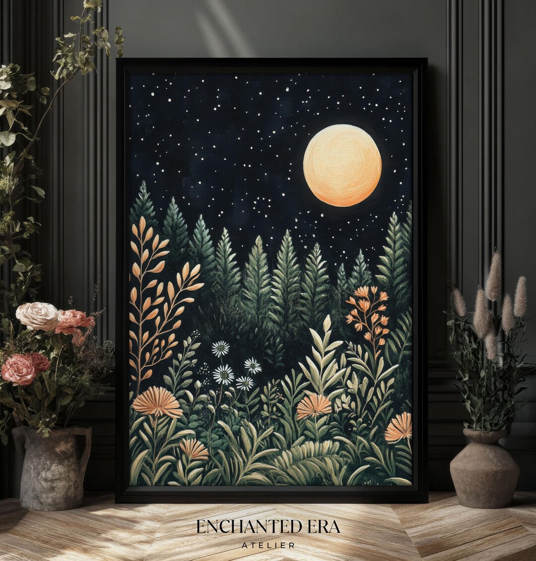 Night at the Forest Dark Cottagecore Folklore Style Art, Celestial ...