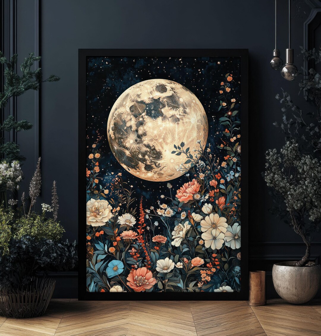 Full Moon Forest Night Dark Cottagecore William Morris Inspired Print ...