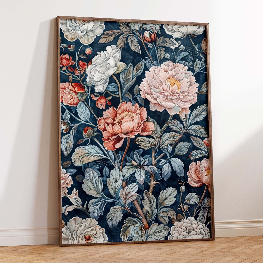 Dark Blue Peonies Print William Morris Style, Art Nouveau Wall Art ...