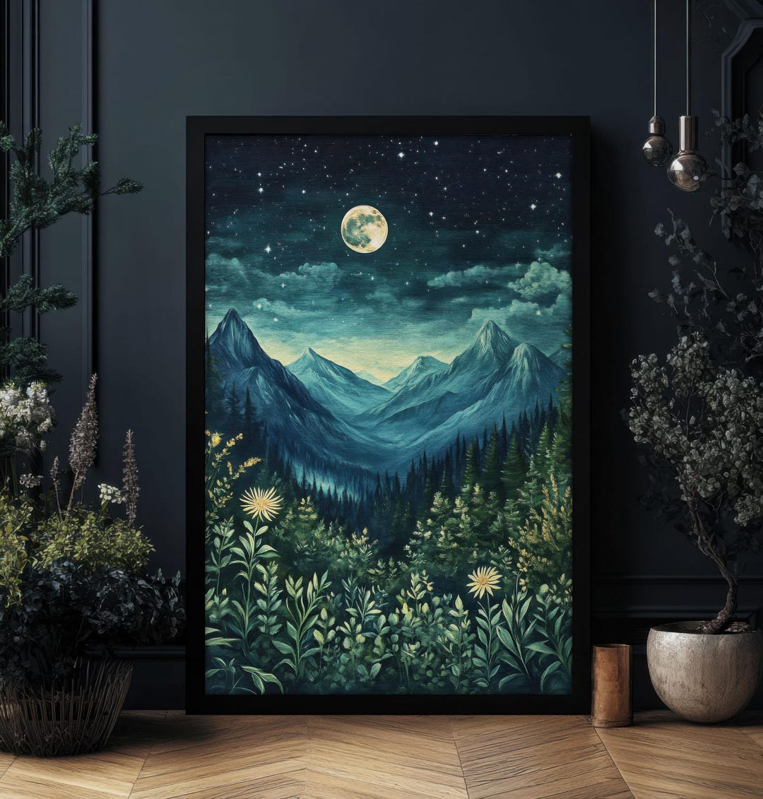 Mountain Night Print Dark Cottagecore William Morris Style Wall Art ...