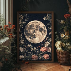 Floral Full Moon Dark Cottagecore Art Nouveau Print, Botanical Moon ...