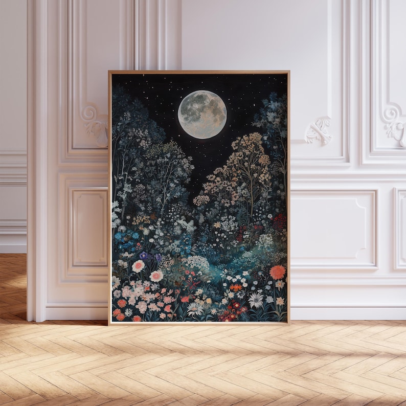 Full Moon Forest Night Dark Cottagecore William Morris Print, Botanical ...