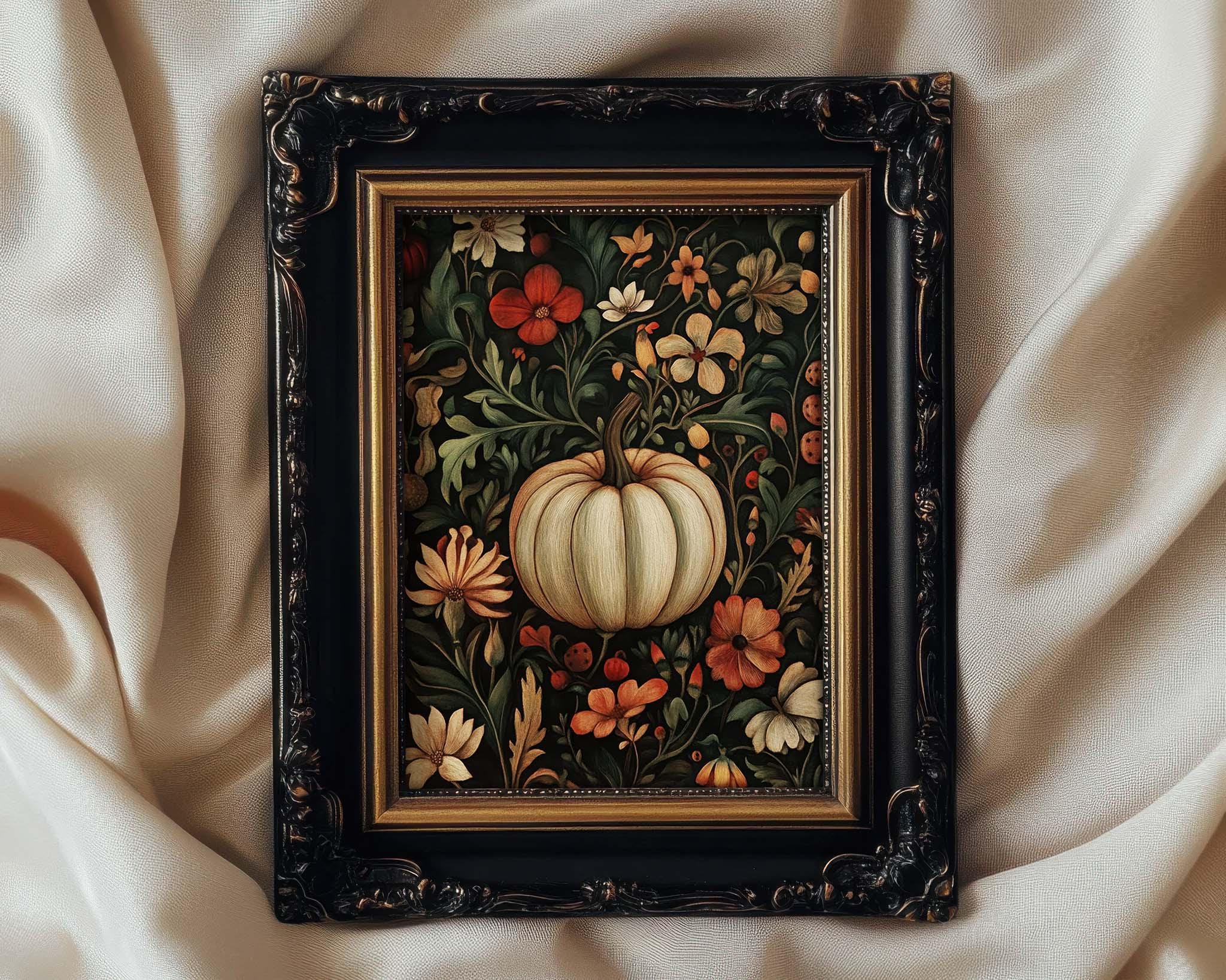 Floral Pumpkin Print Dark Cottagecore, William Morris Style Wall Art ...