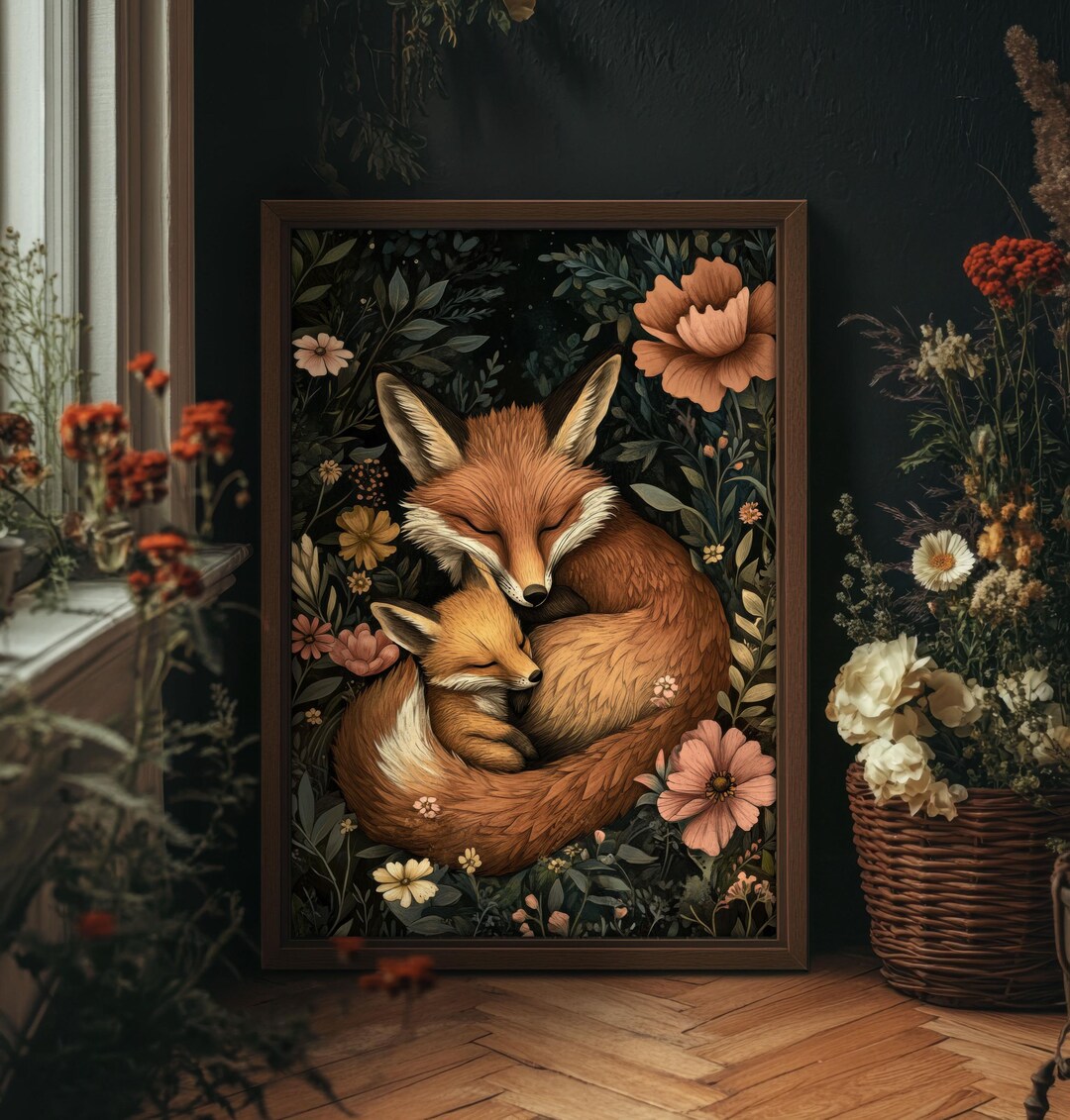 Fox Mother and Cub Dark Cottagecore Print, Whimsigoth Decor, Forest ...