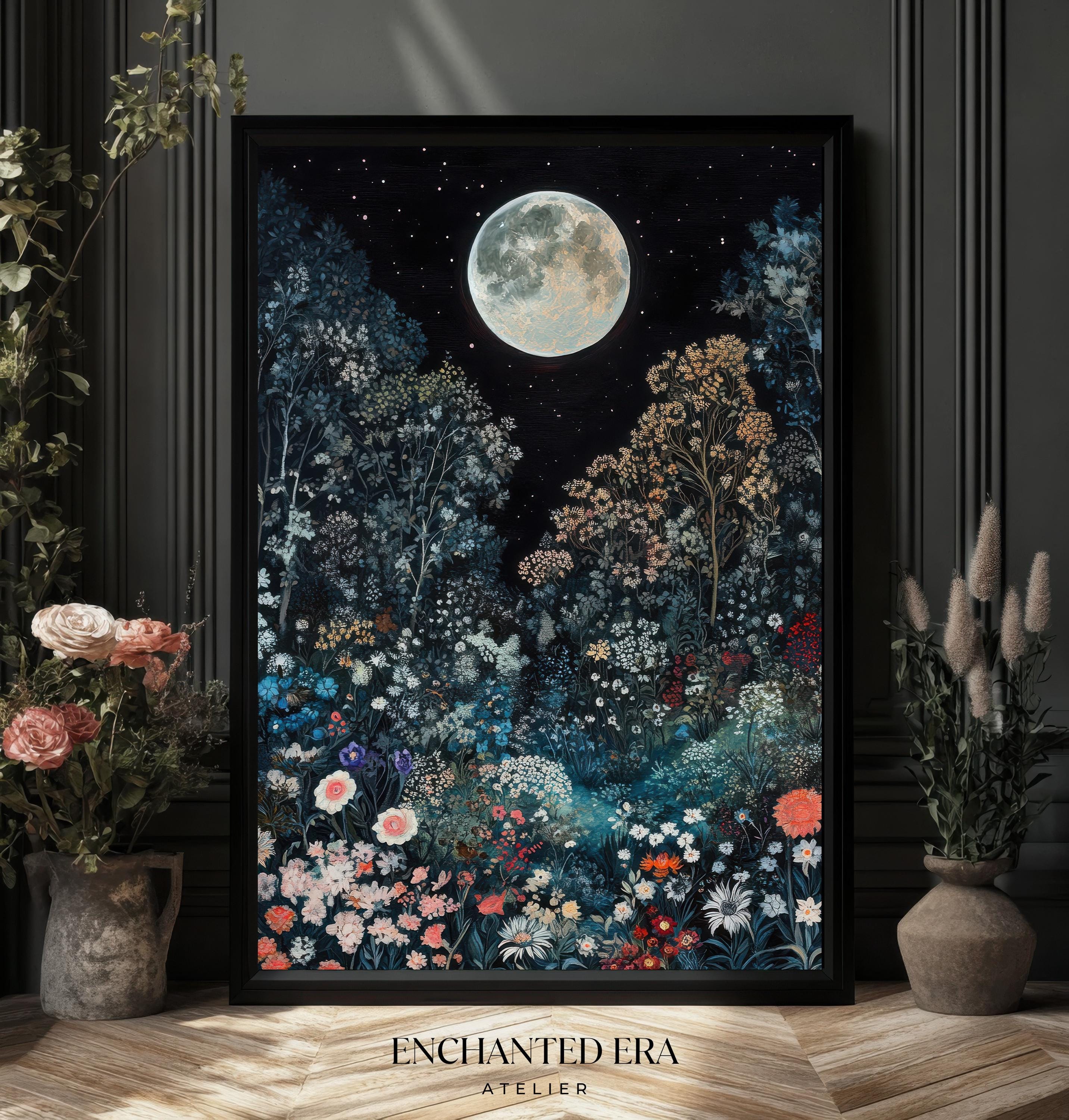 Full Moon Forest Night Dark Cottagecore William Morris Print, Botanical ...