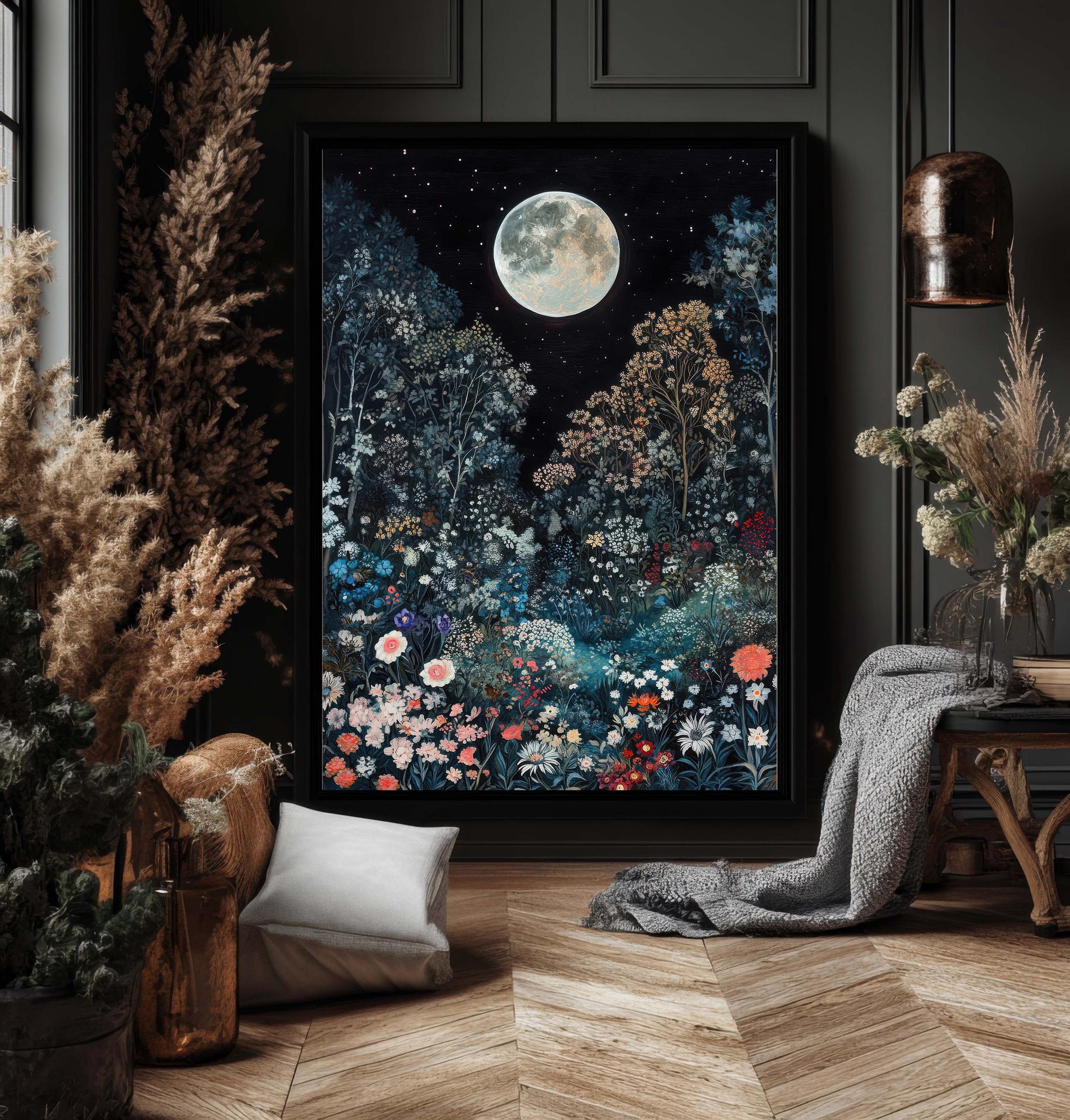 Full Moon Forest Night Dark Cottagecore William Morris Print, Botanical ...