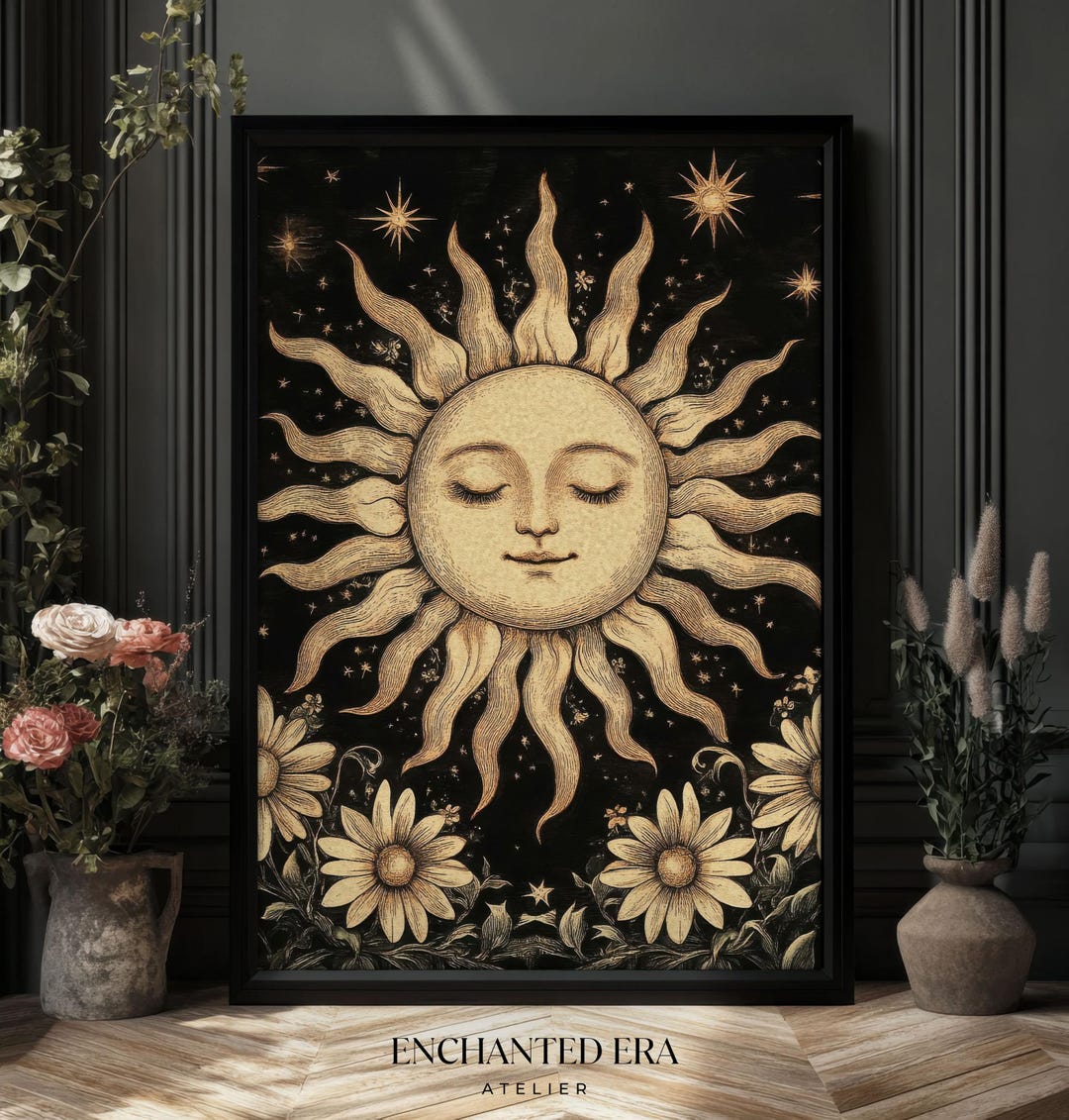 Folklore Sun Wall Art, Dark Cottage Botanical Print, Celestial Wall Art, Whimsigoth Decor ...