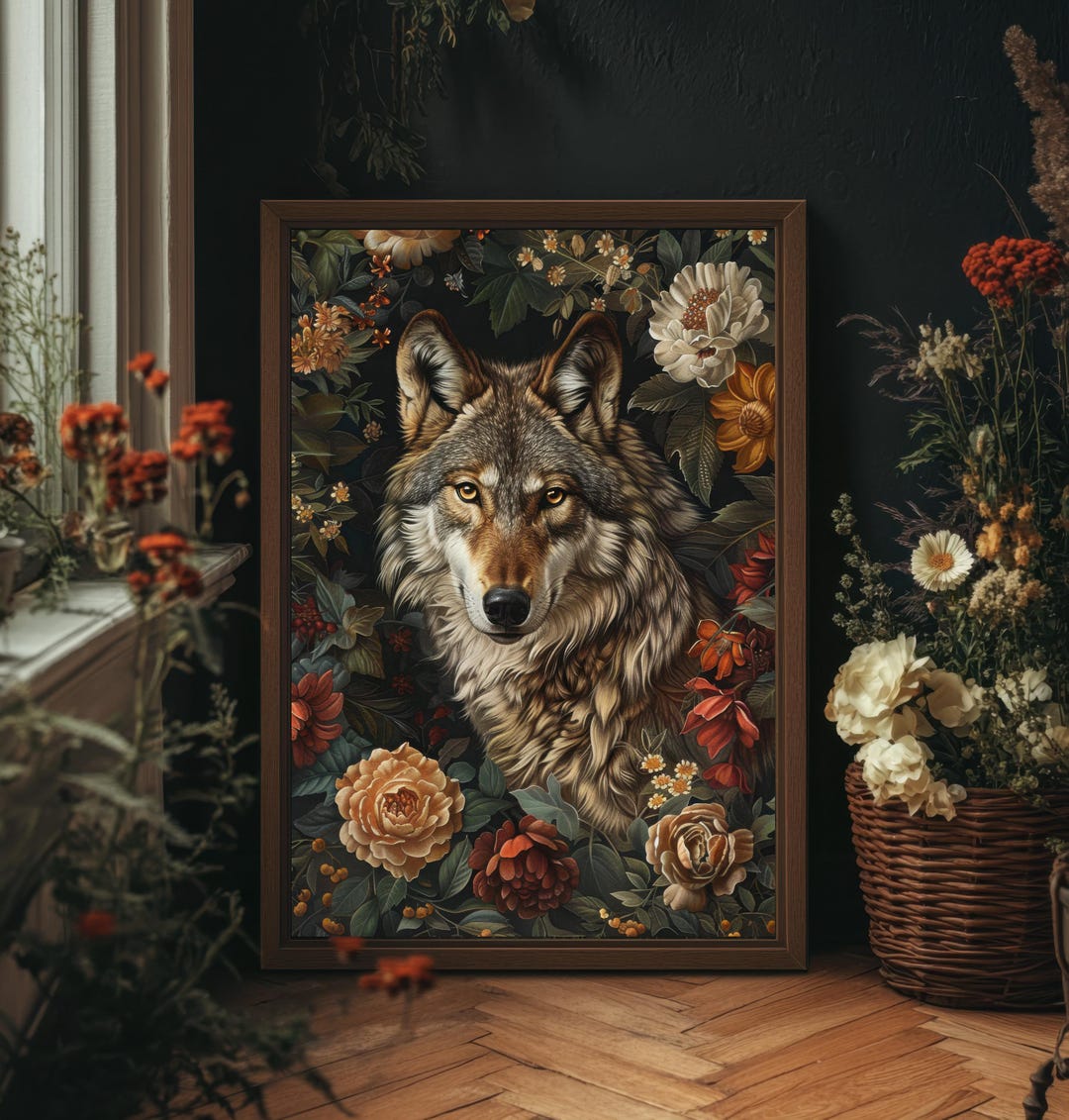 Dark Cottagecore Wolf William Morris Print, Whimsigoth Decor, Floral ...