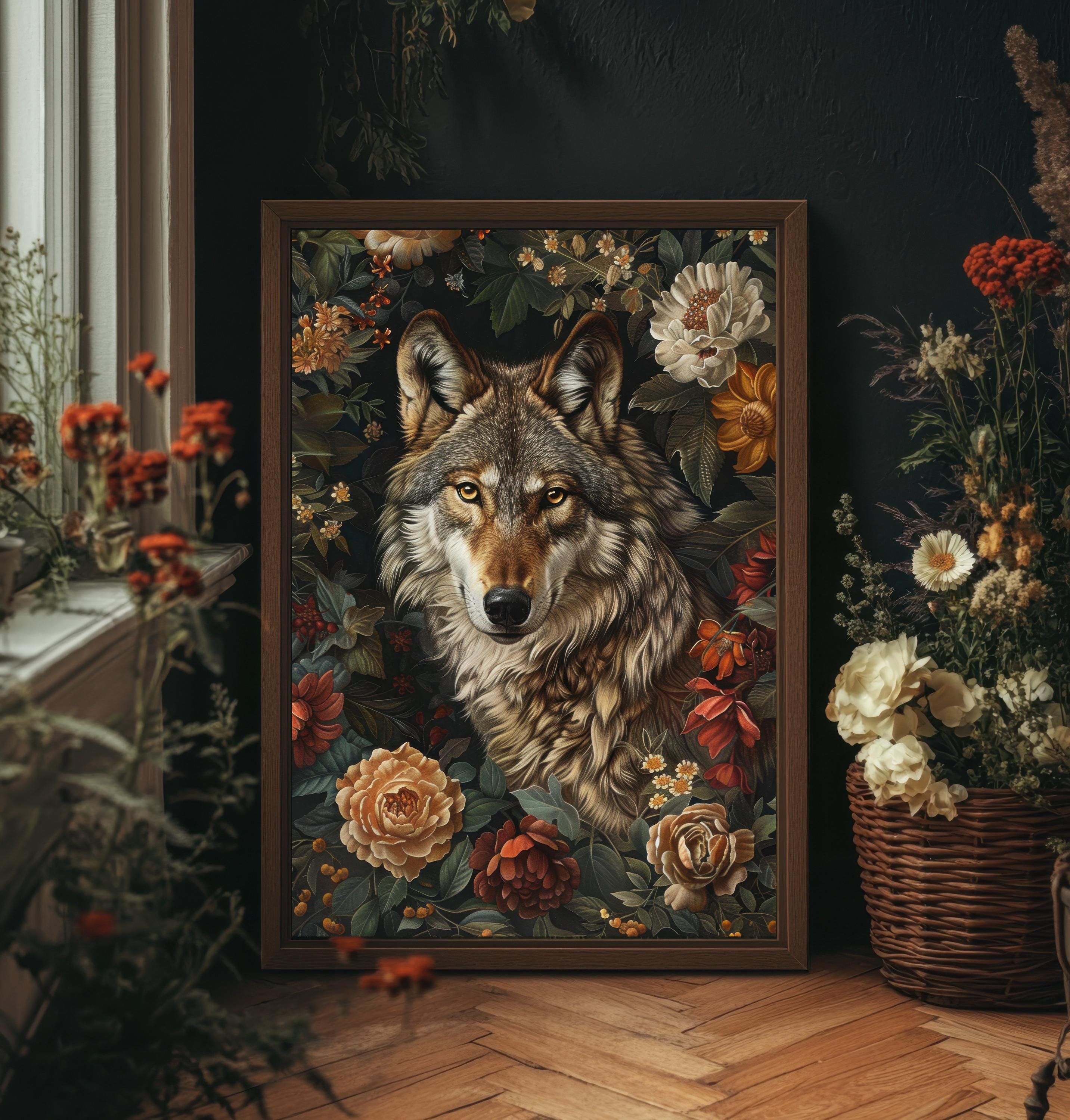 Dark Cottagecore Wolf William Morris Print, Whimsigoth Decor, Floral ...