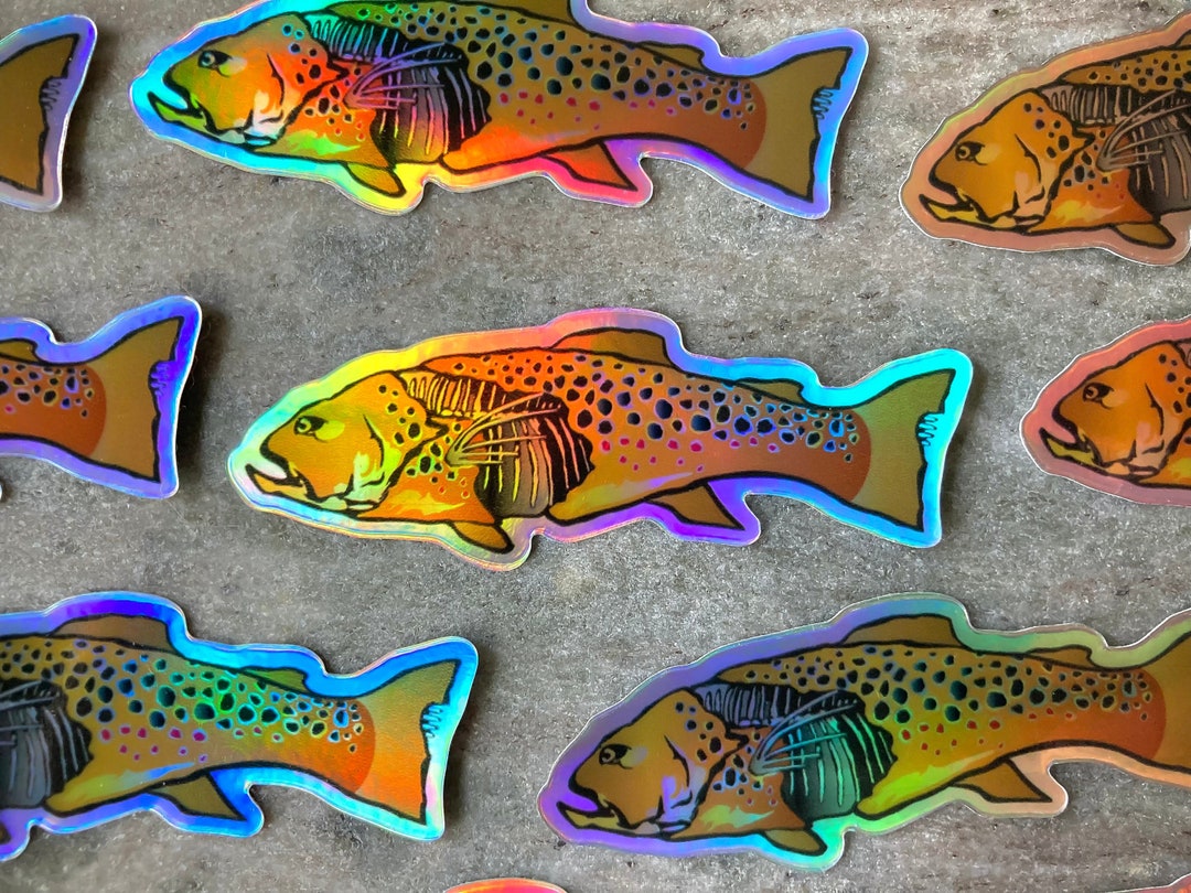 Mini Holographic Skeleton Brown Trout Sticker - Durable, Weatherproof ...