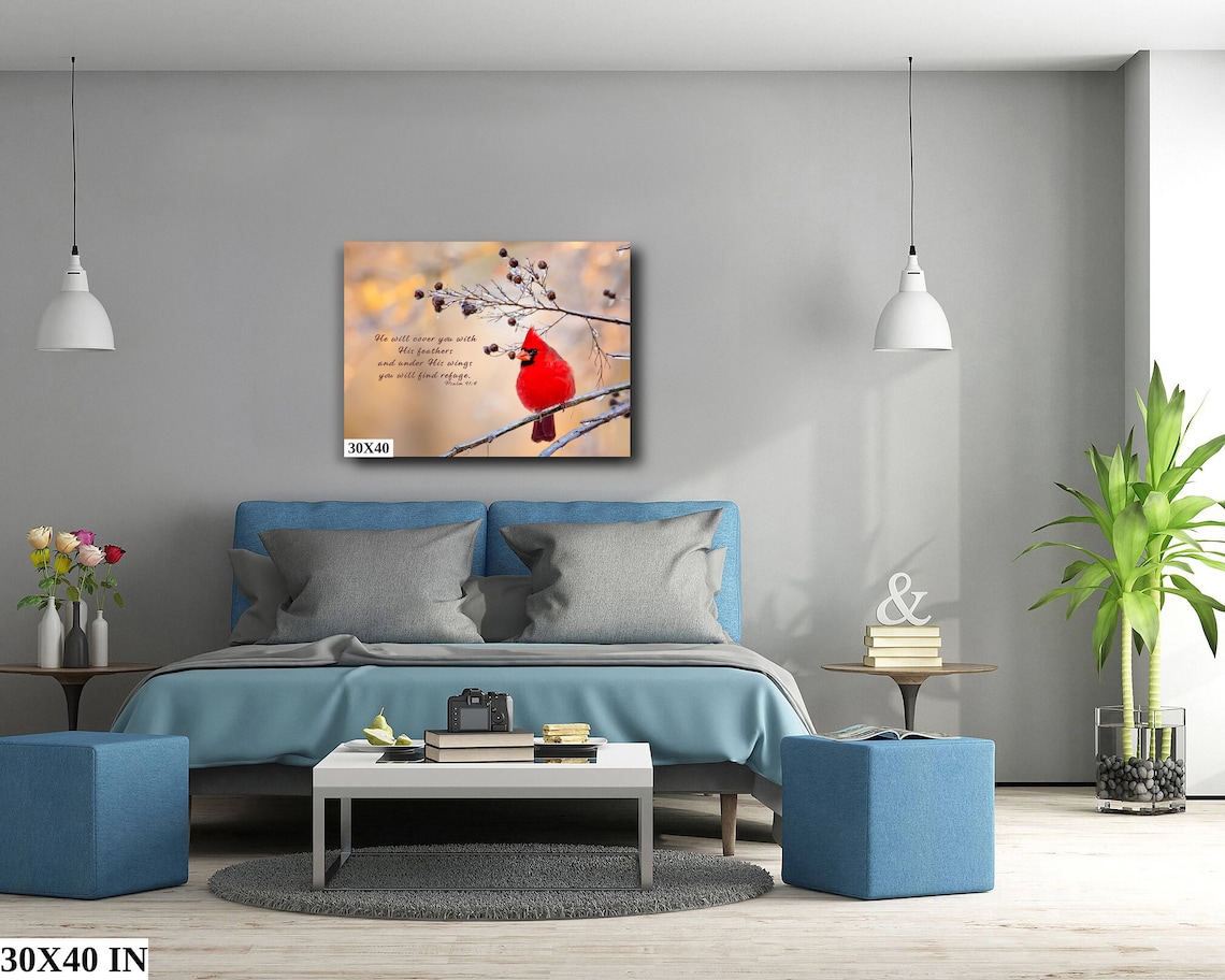 Psalm 91:4, Red Cardinal Bible Verse, Cardinal Scripture Canvas ...