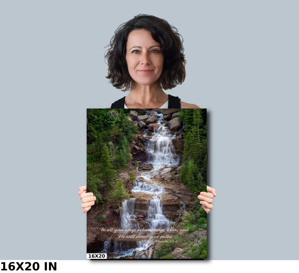 Proverbs 3-6 Scripture Wall Art, Rocky Mountain Waterfall, Christian ...
