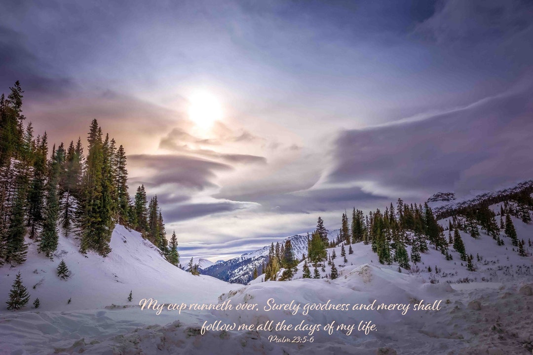 Psalm 23:5-6 Scripture Canvas, Snowy Mountains Scene Bible Verse ...
