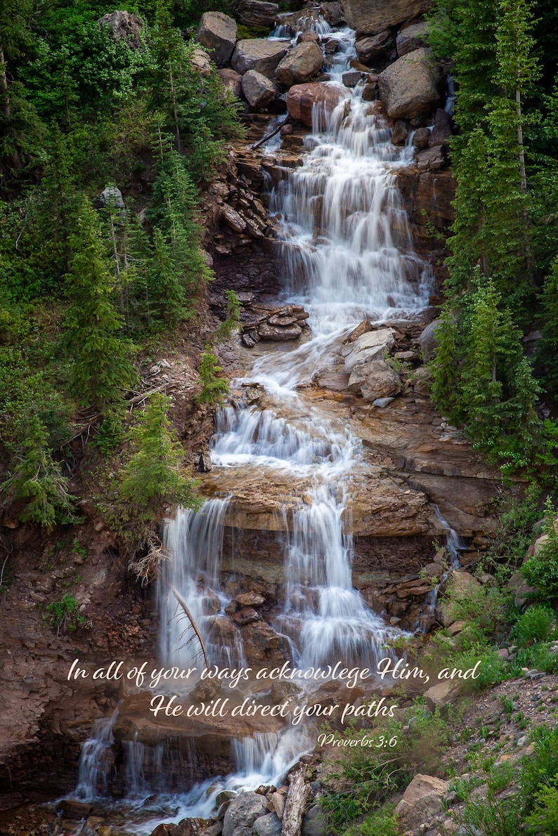 Proverbs 3-6 Scripture Wall Art, Rocky Mountain Waterfall, Christian ...