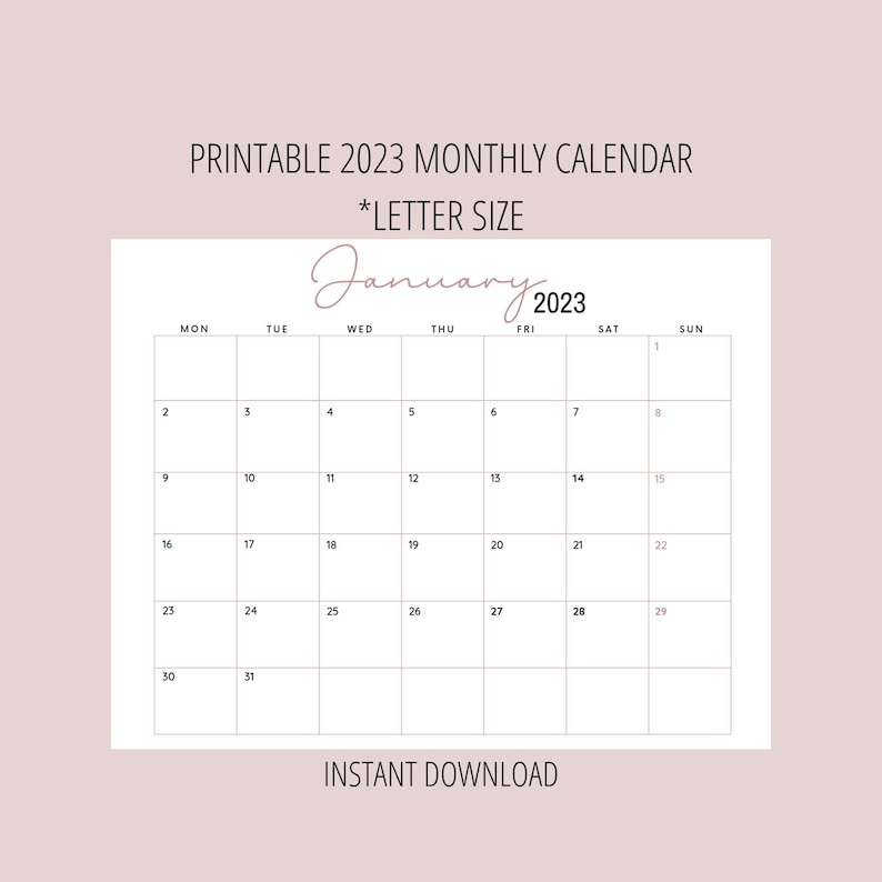 2023 Printable 12 Month Calendar Simple Pink Landscape - Etsy