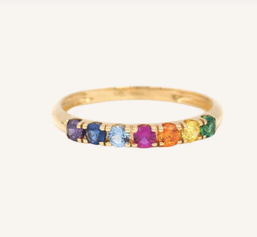 18 Kt Golden Rainbow Ring With Color Zirconia Stones - Etsy UK