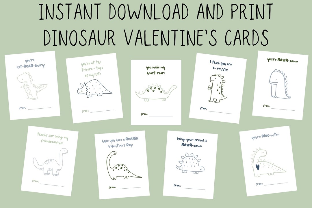 Printable Dinosaur Valentine's Day Cards Non Candy Valentines Classroom ...