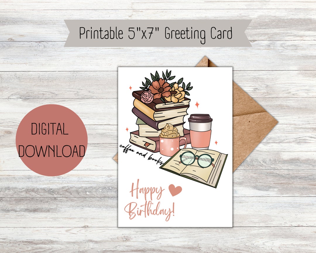 DIY Greeting Card Printable Happy Birthday Book Coffee Lover PDF ...