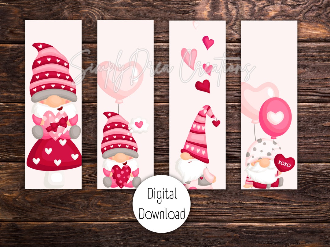 Printable Valentine Heart Gnome Bookmarks Book Lover Gifts Instant ...