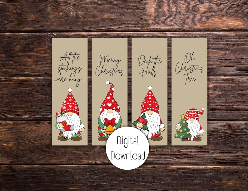 Printable Christmas Gnomes Bookmarks, Set of Four Bookmarks, Instant ...