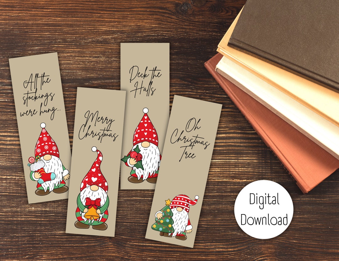 Printable Christmas Gnomes Bookmarks, Set of Four Bookmarks, Instant ...