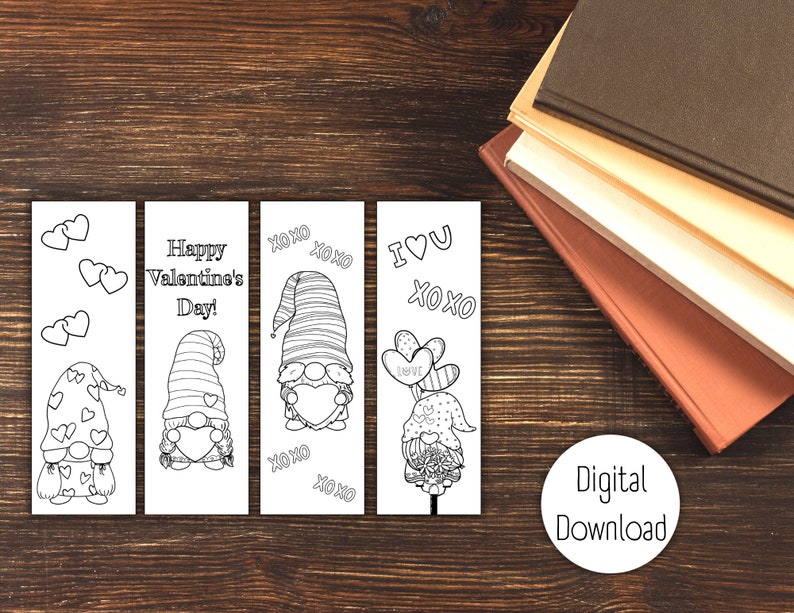 DIY Bookmark Printable Coloring Page Valentine Gnomes Bookmarks PDF ...
