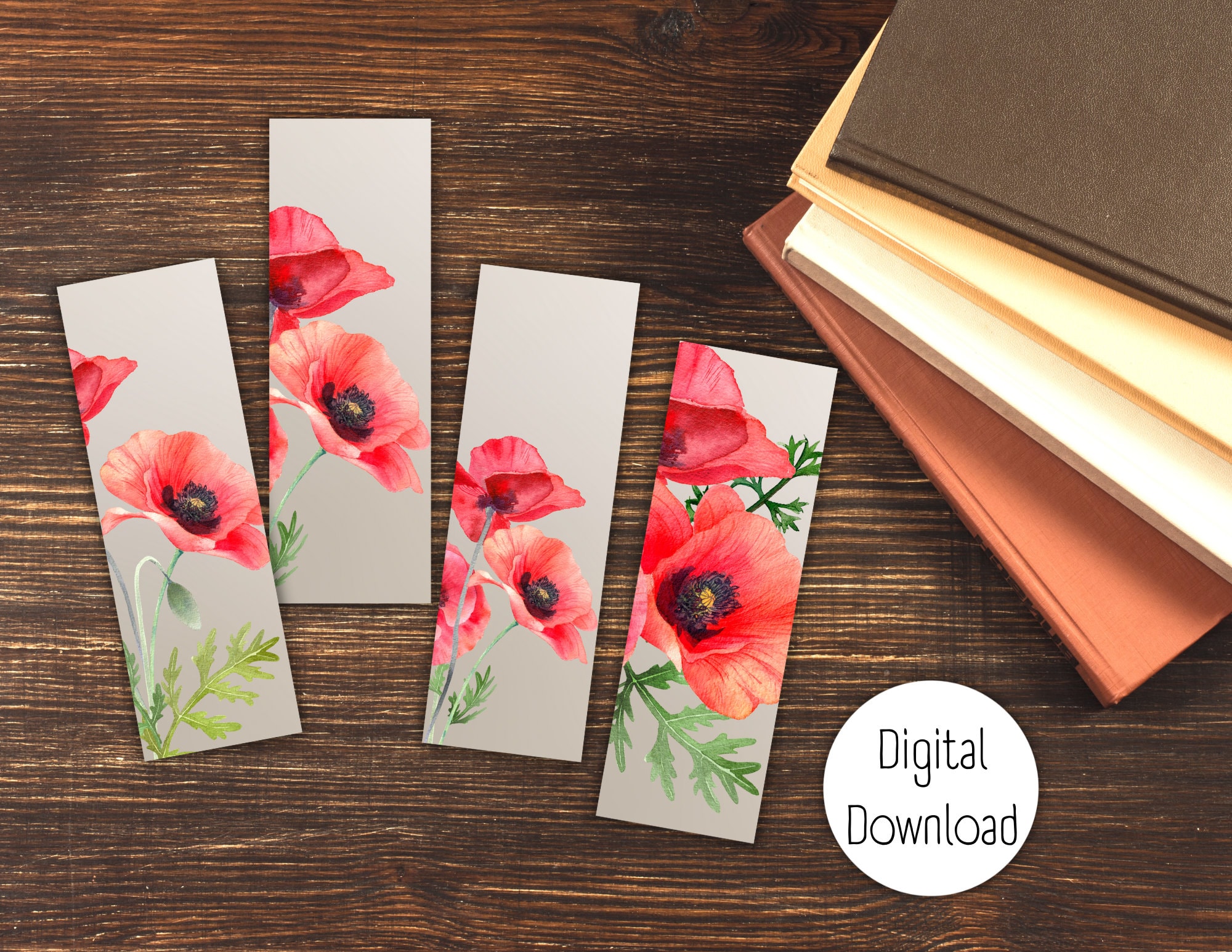 Printable Red Poppies Bookmarks, Set of Four Bookmarks, Instant ...