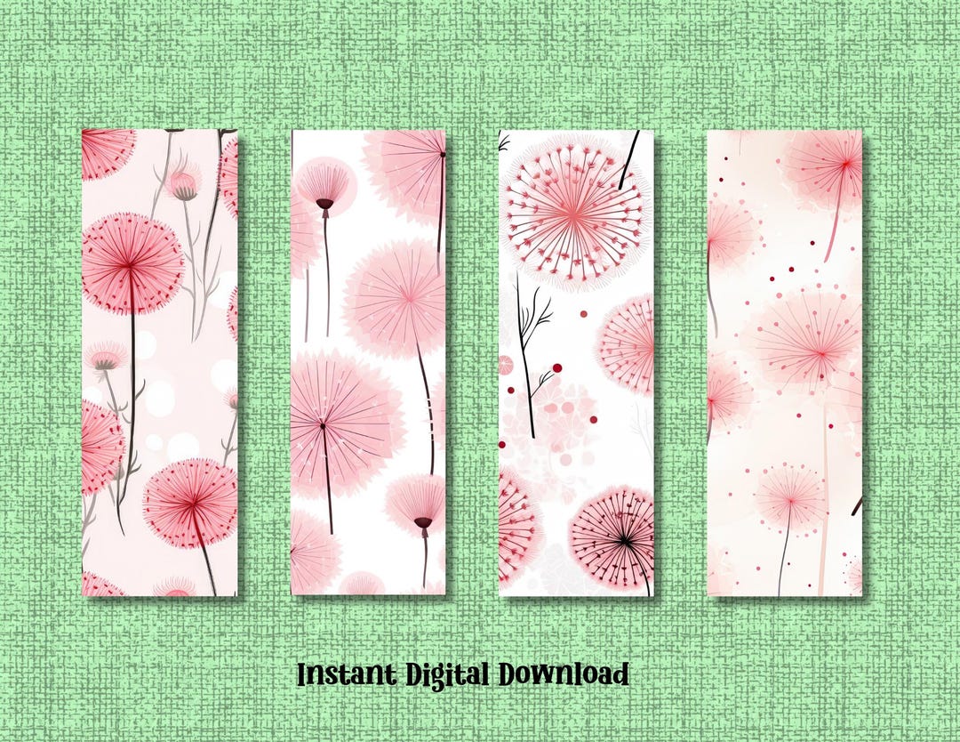 Printable Pink Dandelion Bookmarks, Set of Four Bookmarks, Instant ...