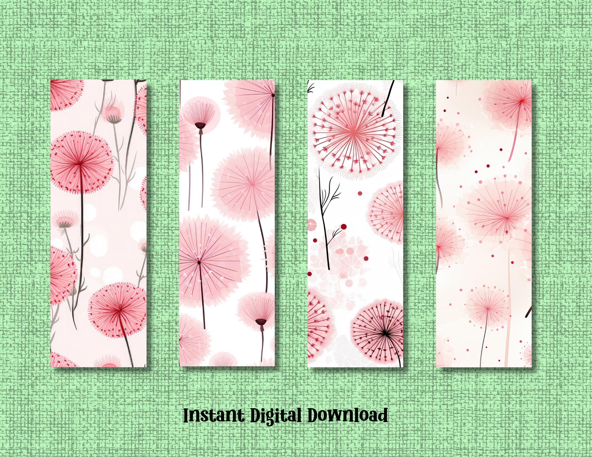 Printable Pink Dandelion Bookmarks, Set of Four Bookmarks, Instant ...
