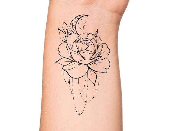 Rose Moon Temporary Tattoo / Temporary Tattoo Flower / Floral - Etsy