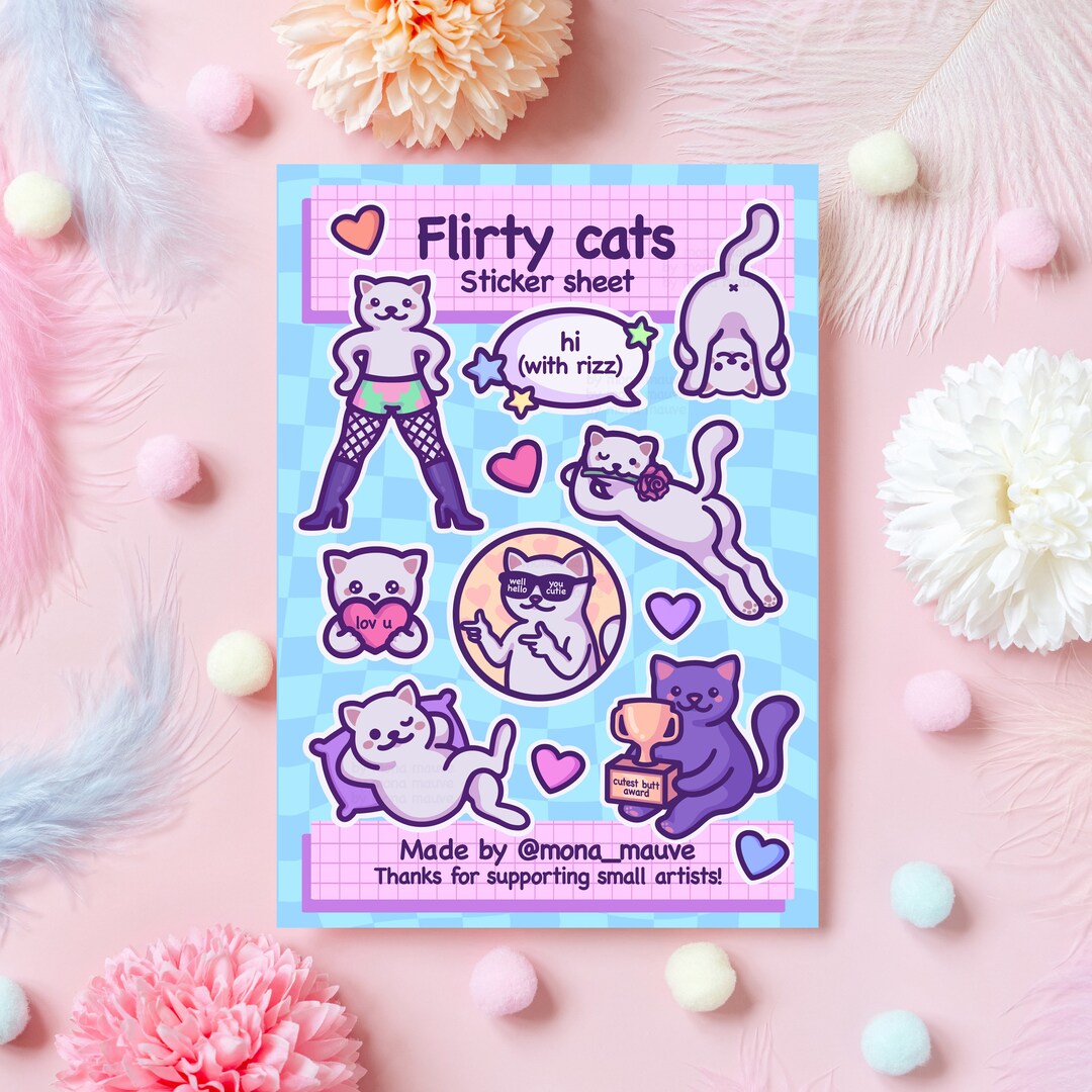 Flirty Cats Sticker Sheet 13 Cute & Funny Recyclable Paper Stickers ...