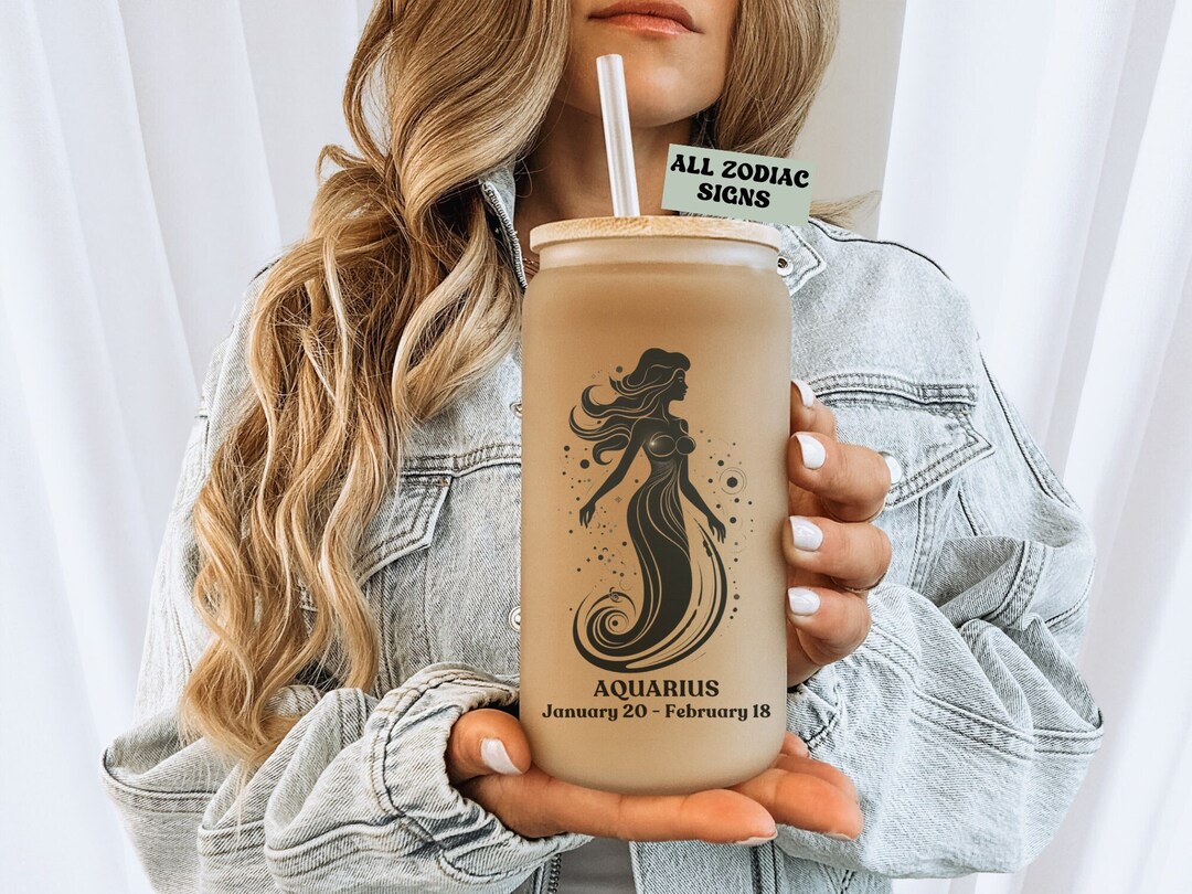 Aquarius Zodiac Glass Frosted Cup - Custom Astrology Iced Coffee Cup ...