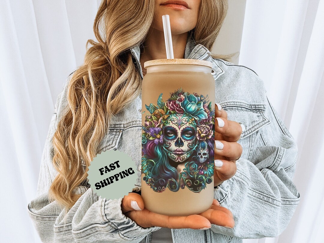 Personalized Sugar Skull Frosted Glass Tumbler-day of the Dead Iced ...