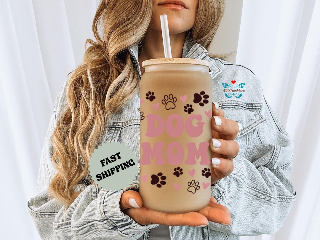 Dog Mom Glass Cup With Name, Custom Dog Mom Frosted Cup Gift for Iced ...