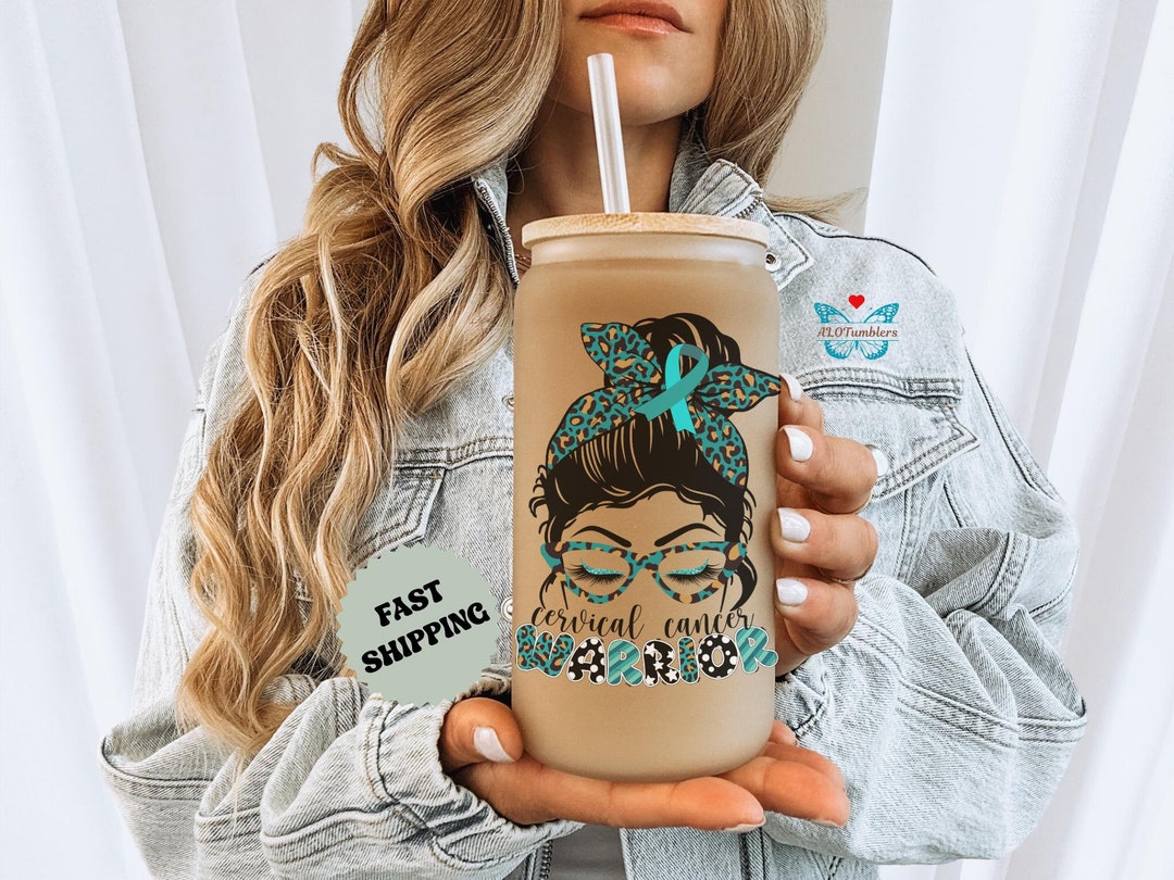 Cervical Cancer Warrior Glass Frosted Cup With Name, Personalized Teal ...