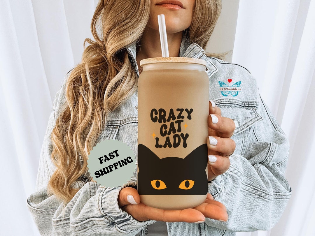 Cat Lady Frosted Glass Cup With Name, Personalized Black Cat Cup for ...
