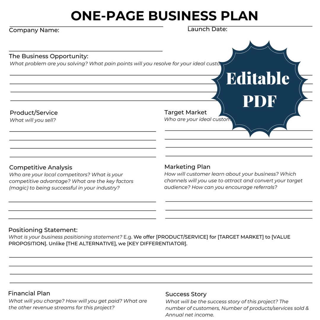 One-page Business Plan, Printable, Editable Business Planner ...