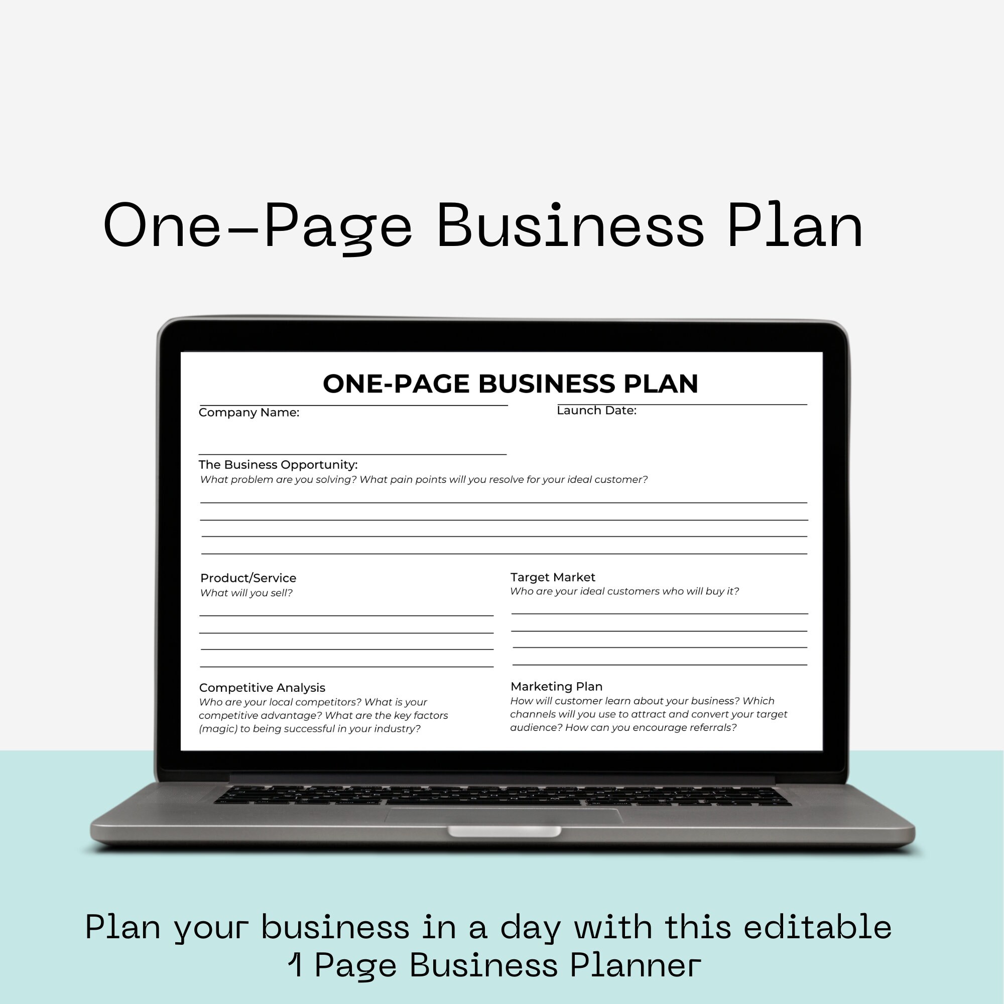 One-page Business Plan, Printable, Editable Business Planner ...