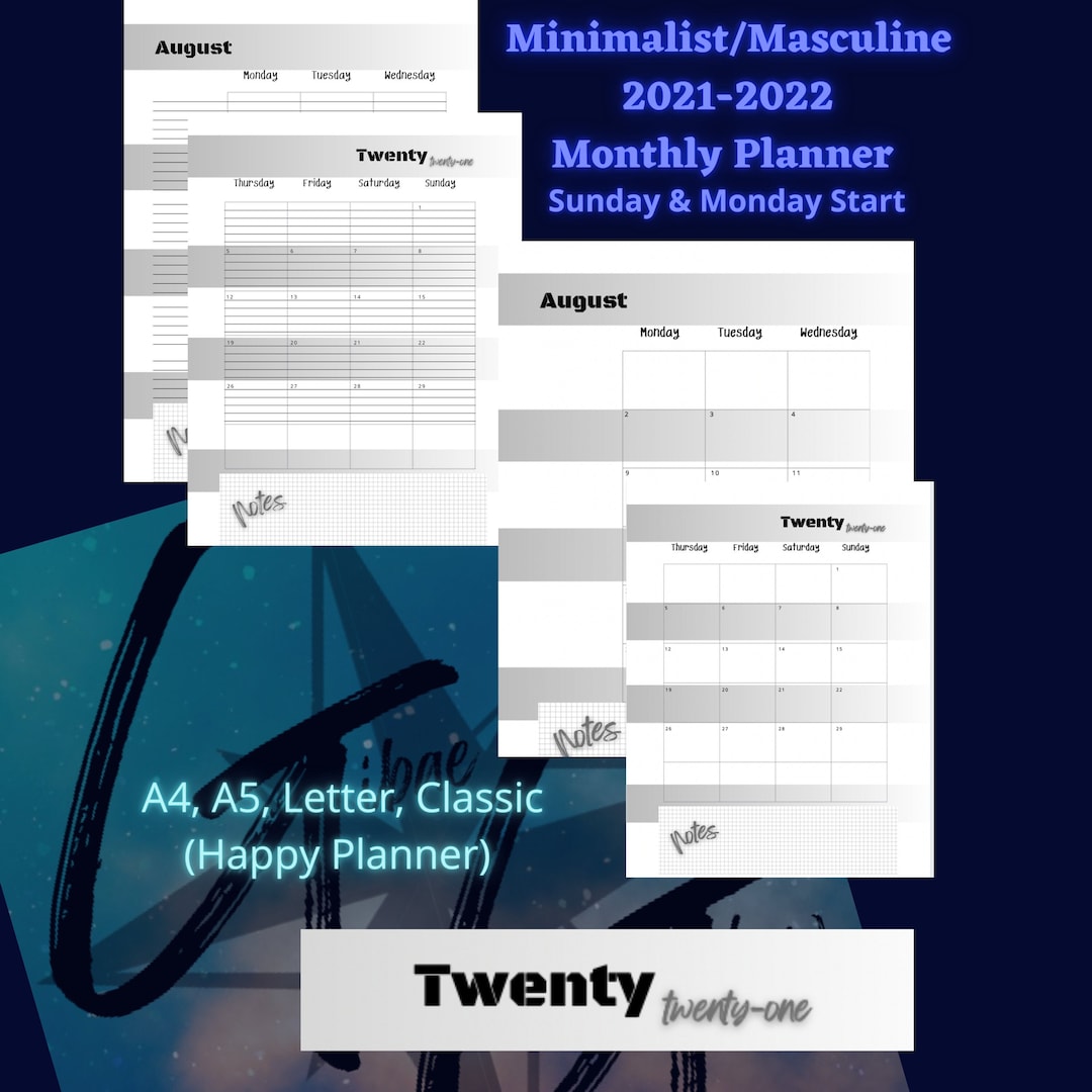 Minimalist/masculine Theme 2021-2022 Monthly Planner Printable - Etsy